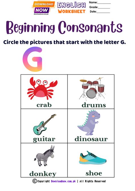 Beginning Consonants Letter G Free Printable Worksheets