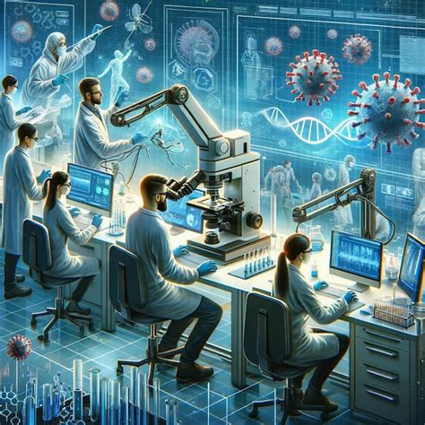 premium photo team of scientists analyzing samples under microscope