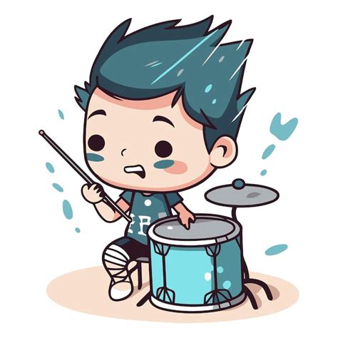 Menino Tocando Bateria Ilustração Vetorial Bonito Menino De Desenho
