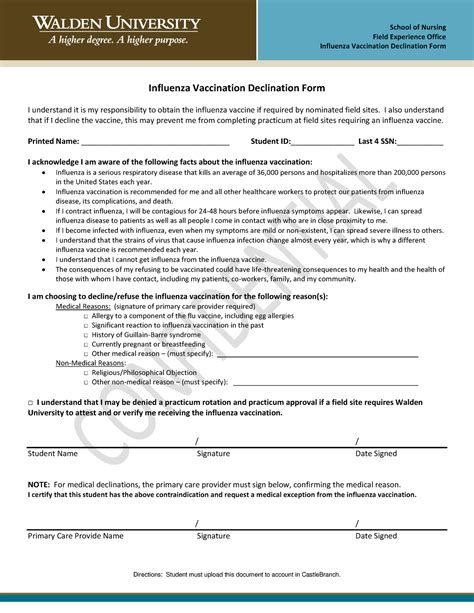 Influenza Declination Form School Of Nursing Field Experience Office