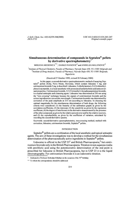 Pdf Simultaneous Determination Of Compounds In Septalen® Pellets By Derivative Spectrophotometry