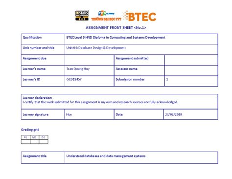 Asm Database Tran Quang Huy Gcd18457 Assignment Front Sheet