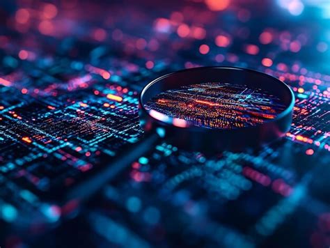 abstract 3d illustration of magnifying glass examining binary code on