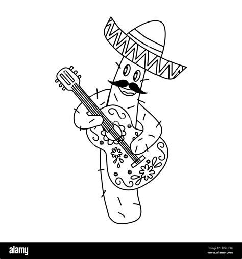 Cute Singing Cactus Musician With Guitar And Sombrero Doodle Style