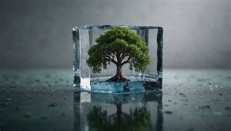 Tree Inside A Melting Ice Cube Nature Concept Environmental