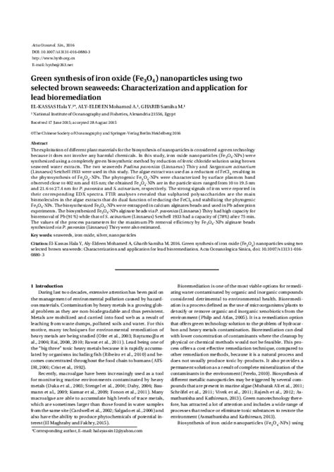 Pdf Green Synthesis Of Iron Oxide Fe 3 O 4 Nanoparticles Using Two Selected Brown Seaweeds