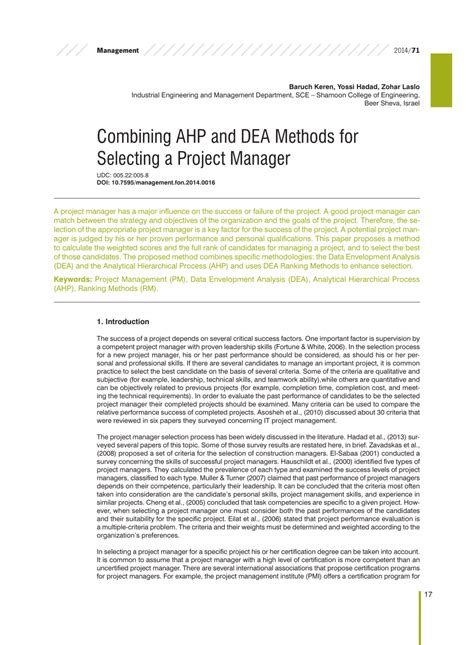 Pdf Combining Ahp And Dea Methods For Selecting A Project Manager