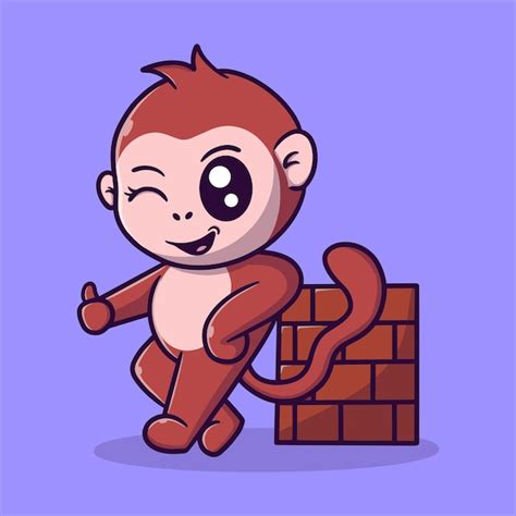벽에 기대어 귀여운 원숭이 만화 벡터 아이콘 그림 프리미엄 벡터