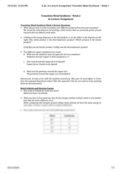 Solution 4 2a In Lecture Assignment Transition Metal Synthesis Week 1