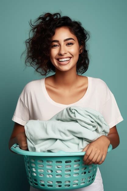Une Femme Latina Avec Un Panier à Linge Posant Sans Maquillage De