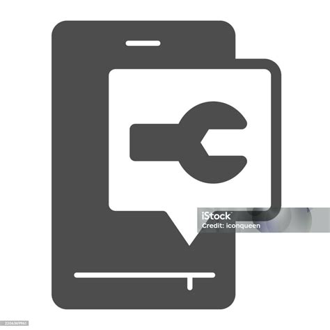 렌치 팝업 창 솔리드 아이콘이있는 스마트 폰 수리 서비스 개념 벡터 그래픽입니다 흰색 배경에 수리공 메시지 기호가 있는 전화기 모바일 또는 웹 디자인에 대한 글리프 스타일