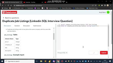 Duplicate Job Listings Linkedin Sql Interview Question Datalemur Youtube