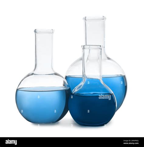 Boiling Flasks With Blue Liquid Isolated On White Laboratory Glassware