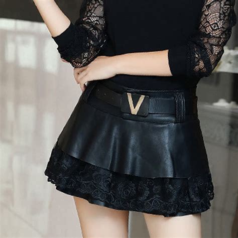Buy Faux Leather Multilayer Flare Lace Sexy Puff Skirt Black