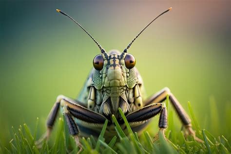 Premium Photo Large Grasshopper On Grass Standing And Looking Into Camera