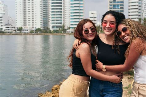 Three Crazy Friends Having Fun Outdoors Stock Image Image Of Cheerful