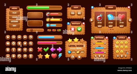 Cookie cracker game interface. Ui game elements, including cartoon windows, options, settings ...