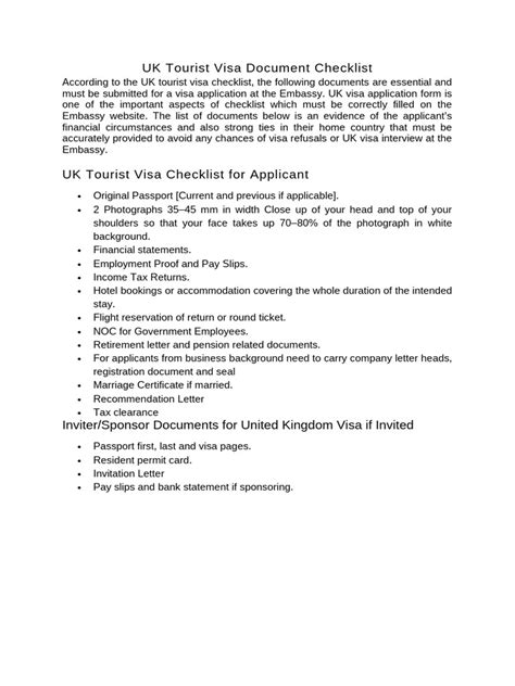 Uk Tourist Visa Document Checklist Pdf