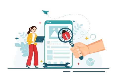 Bug Tracking Vector Illustration With Mobile Phone Protection From Computer Virus On Big Screen