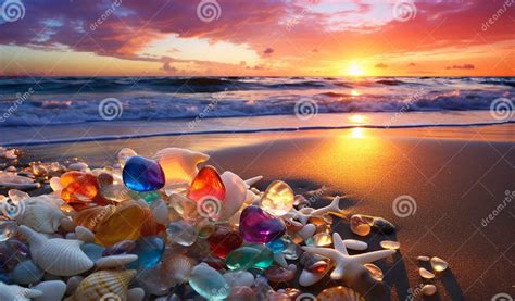 Colorful Glass Pebbles And Seashells On The Beach At Sunset Stock