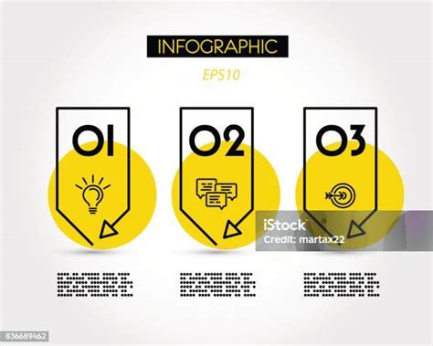 노란 선형 Infographic 3 스티커 3가지 개체에 대한 스톡 벡터 아트 및 기타 이미지 3가지 개체 층계 전단지