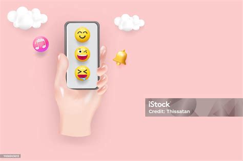 소셜 미디어 개념 마케팅 시간 사실적인 추상적 인 3d 디자인 만화 스타일 손에서 전화는 친구에게 감정의 이모티콘을 보냅니다 모바일 템플릿 소셜 네트워크 미소 아이콘입니다