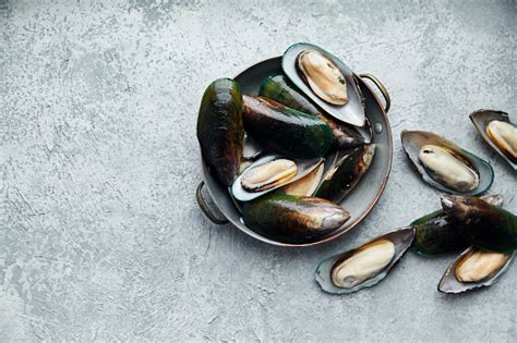 텍스트 공간 왼쪽으로 질감 밝은 색 배경에 동판에 원시 뉴질랜드 홍합의 오버 헤드 보기 0명에 대한 스톡 사진 및 기타 이미지