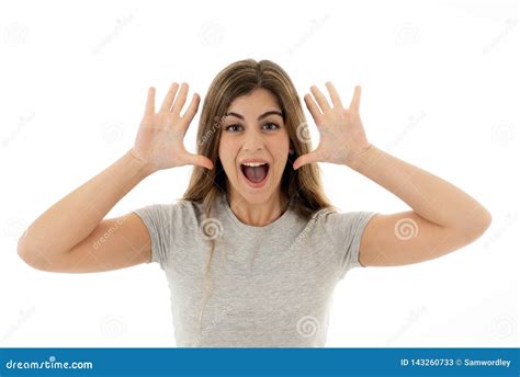 Close Up Portrait Of Surprised And Happy Woman Celebrating Victory
