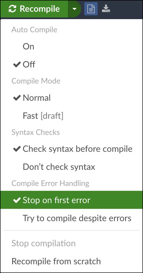 Using The Stop On First Error Compilation Mode Overleaf Online Latex Editor