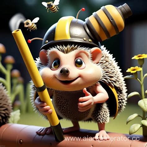 Adorable Hedgehog Wearing Bee Helmet With Builders Pipe Ai Art Generator