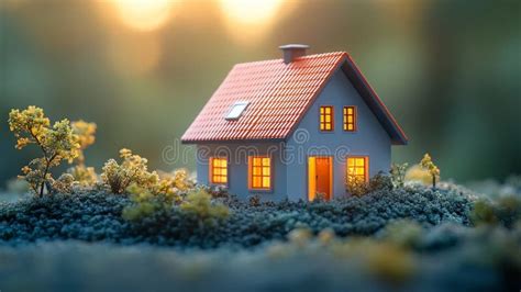 Miniature House With Glowing Windows Surrounded By Greenery At Sunset