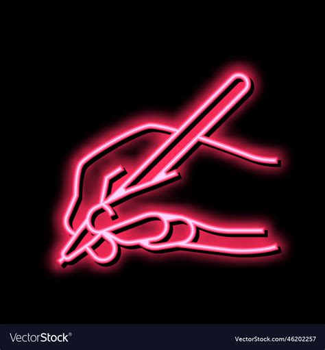 Writing Hand Hold Pen Neon Glow Icon Royalty Free Vector