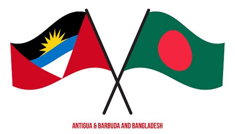 앤티가 바부다와 방글라데시 국기가 교차하고 플랫 스타일을 흔들 공식 비율 Flag Of Bangladesh에 대한 스톡 벡터