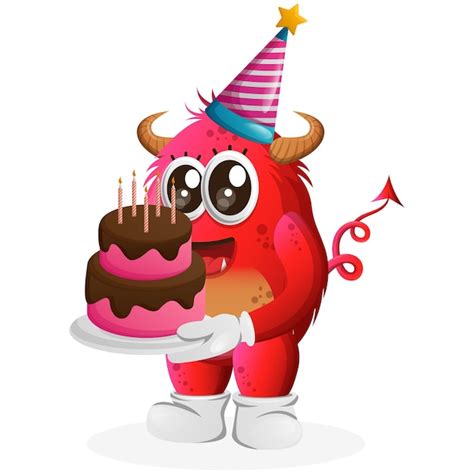 Vecteur Mignon Monstre Rouge Portant Un Chapeau D Anniversaire Tenant
