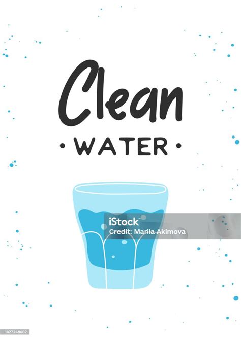 깨끗한 물이라는 문구가있는 평평한 라인 현대 스타일의 물 클립 아트 유리 건강한 라이프 스타일 수분 동기 부여 포스터 벽 예술 배너에 대한 손으로 그린 벡터 일러스트레이션