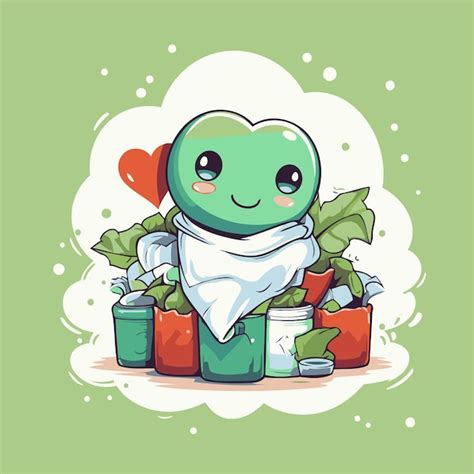 Premium Vector Illustration Of A Cute Smiling Green Frog With Pot Full Of Plants
