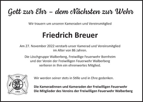 Traueranzeigen Von Friedrich Breuer WirTrauern