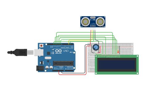 Circuit Design Sensor Ultrasonik Dan Lcd Tinkercad