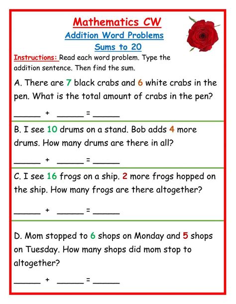 Addition Word Problems Sums To 20 Cw Worksheet Live Worksheets