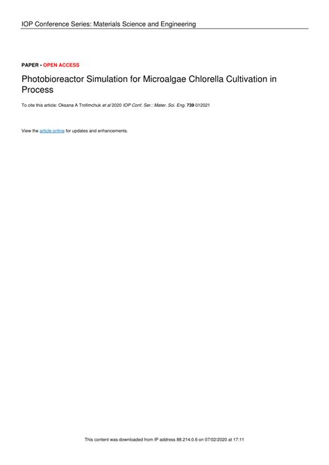 Pdf Photobioreactor Simulation For Microalgae Chlorella Cultivation In Process