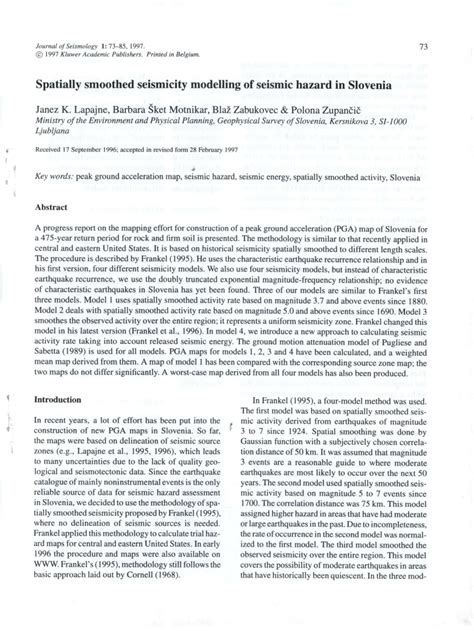 PDF Spatially Smoothed Seismicity Modeling Of Seismic Hazard In Slovenia