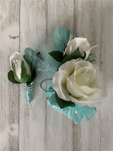 2 Piece Wrist Corsage And Boutonniere In White Roses With Aqua Etsy