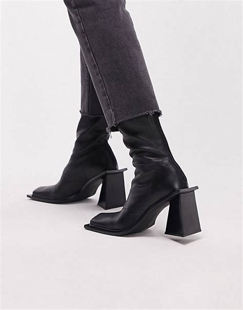 Topshop Halo Premium Leather Square Toe Heeled Boot In Black Asos