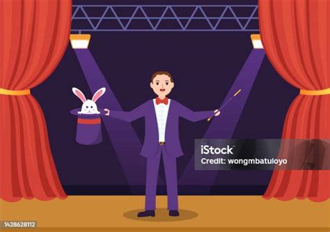 마술사 환상 주의자가 트릭을 연상시키고 템플릿 손으로 그린 만화 플랫 일러스트레이션의 무대에서 신비한 모자 위에 마술 지팡이를 흔드는 것 개념에 대한 스톡 벡터 아트 및