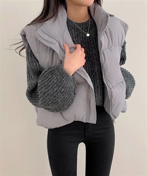 오버핏 언발 세미 크롭 패딩 조끼 에이블리