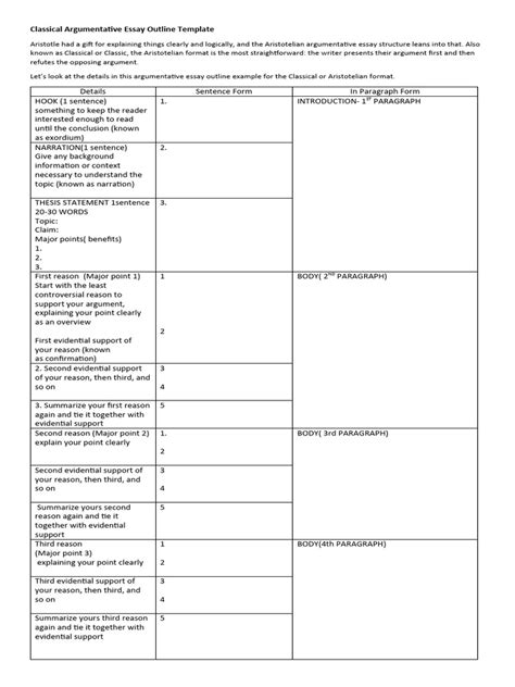 Classical Argumentative Essay Outline Templateprinting 1 Pdf