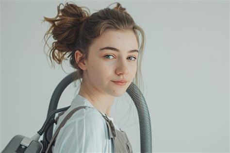 European Girl With A Vacuum Cleaner In Hands On A White Background