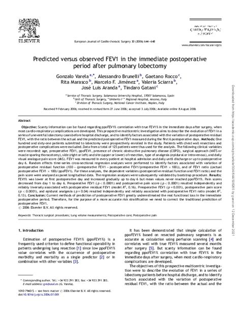 Pdf Predicted Versus Observed Fev1 In The Immediate Postoperative