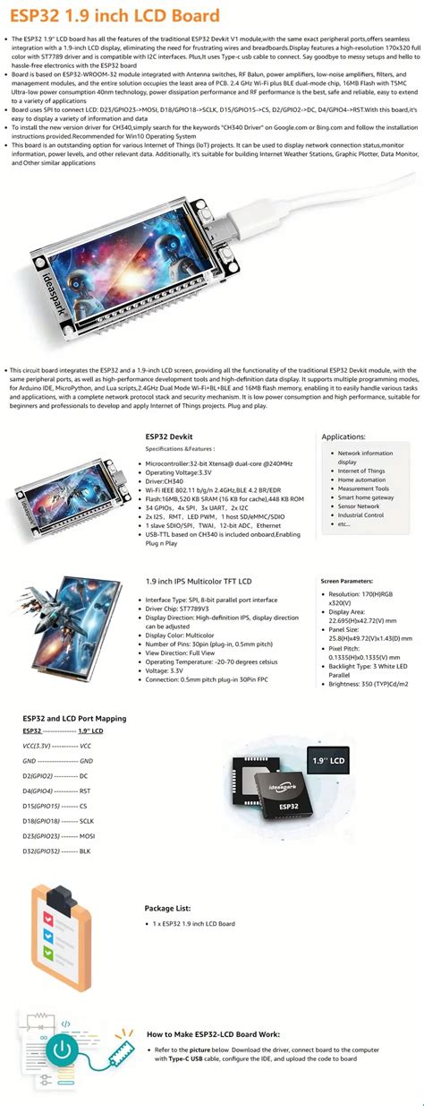 Ideaspark Esp32 Development Board With 16mb Flash 4 83cm Tft Lcd Screen St7789 Wifi Bl