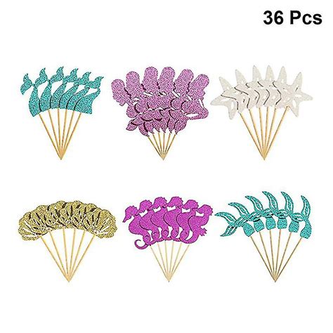 36pcs Mermaid Glitter Cupcake Toppers Paper Birthday Cake Insert Bow ...